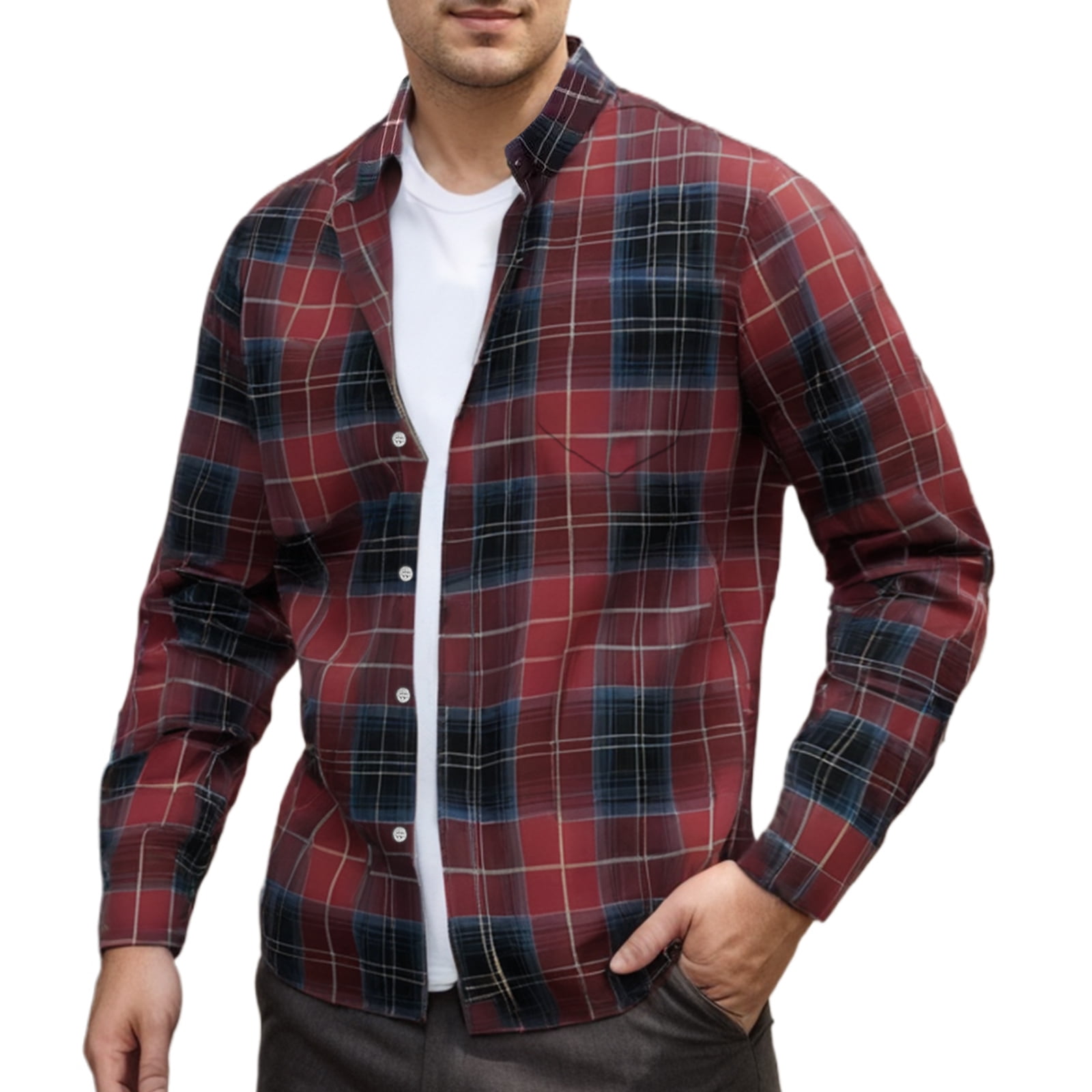 LZHGirlshop Men's Plaid Long Sleeve Shirts Button Down Shirt Casual ...