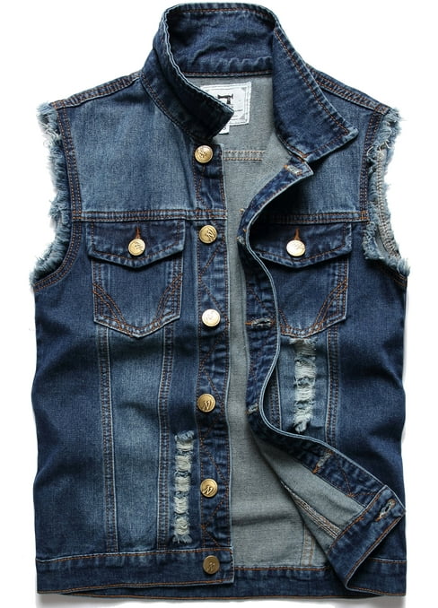 Ginsiom Mens Retro Denim Vest Sleeveless Slim Fit Ripped Distressed ...
