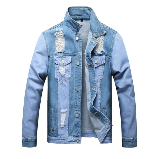 LZLER Mens Jean Jacket Classic Ripped Color Block Denim Jacket ...