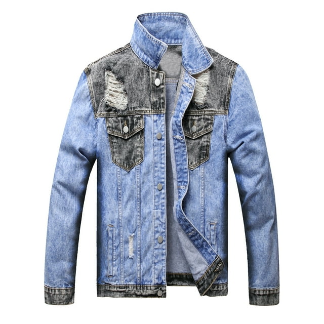 LZLER Mens Jean Jacket Classic Ripped Color Block Denim Jacket - Walmart.com