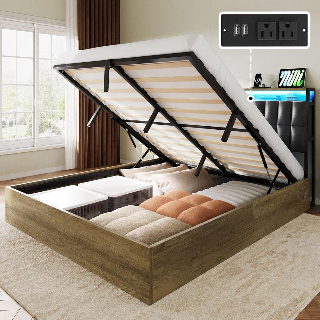 LZQP Queen Size Lift Up Bed with Charging Station & RGB LED Lights, PU ...