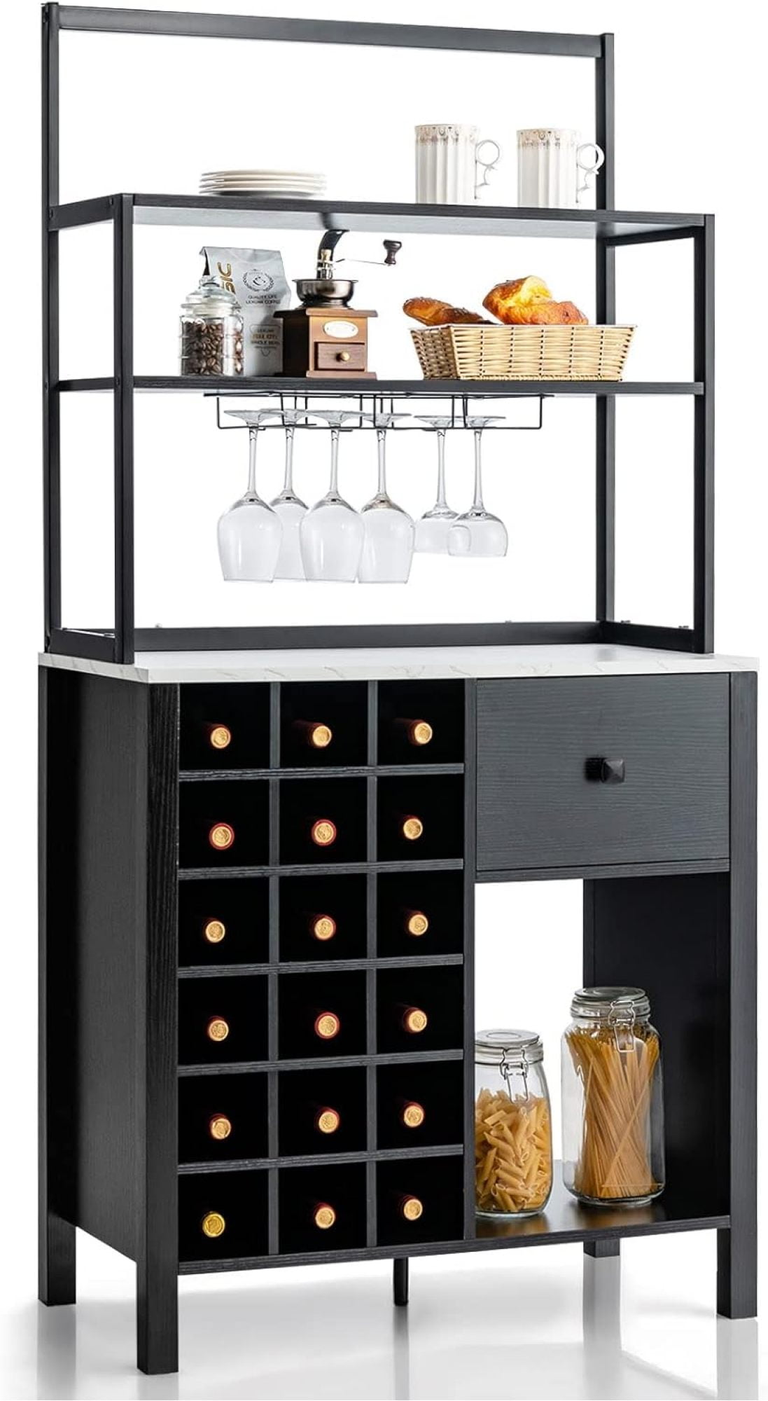 LZQP Sideboard with Hutch Shelf, Buffet Wine Cabinet, 18 Bottles Wood ...