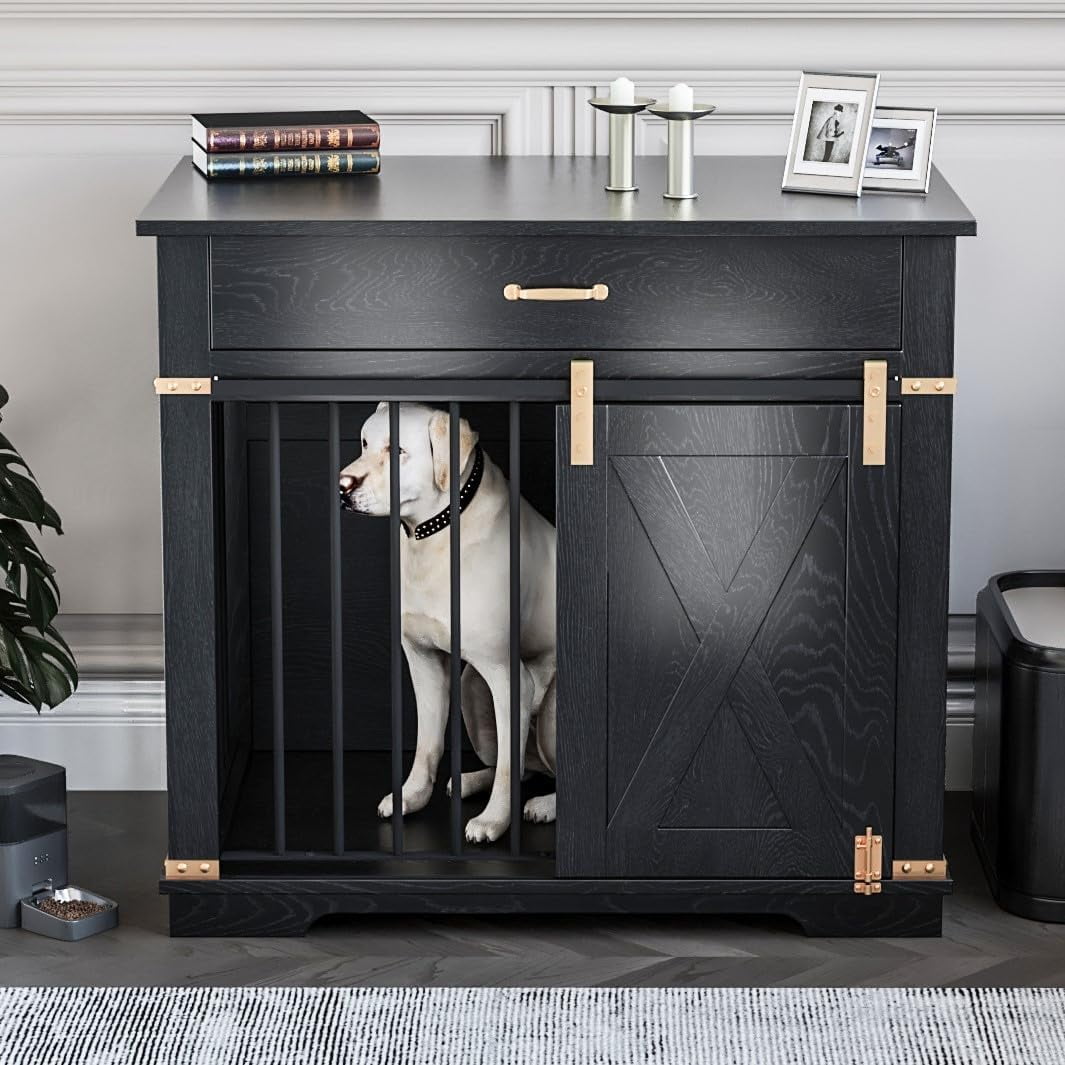 LZUUOB 37.8'' Dog Crate Furniture with Storage Drawer, Decorative ...