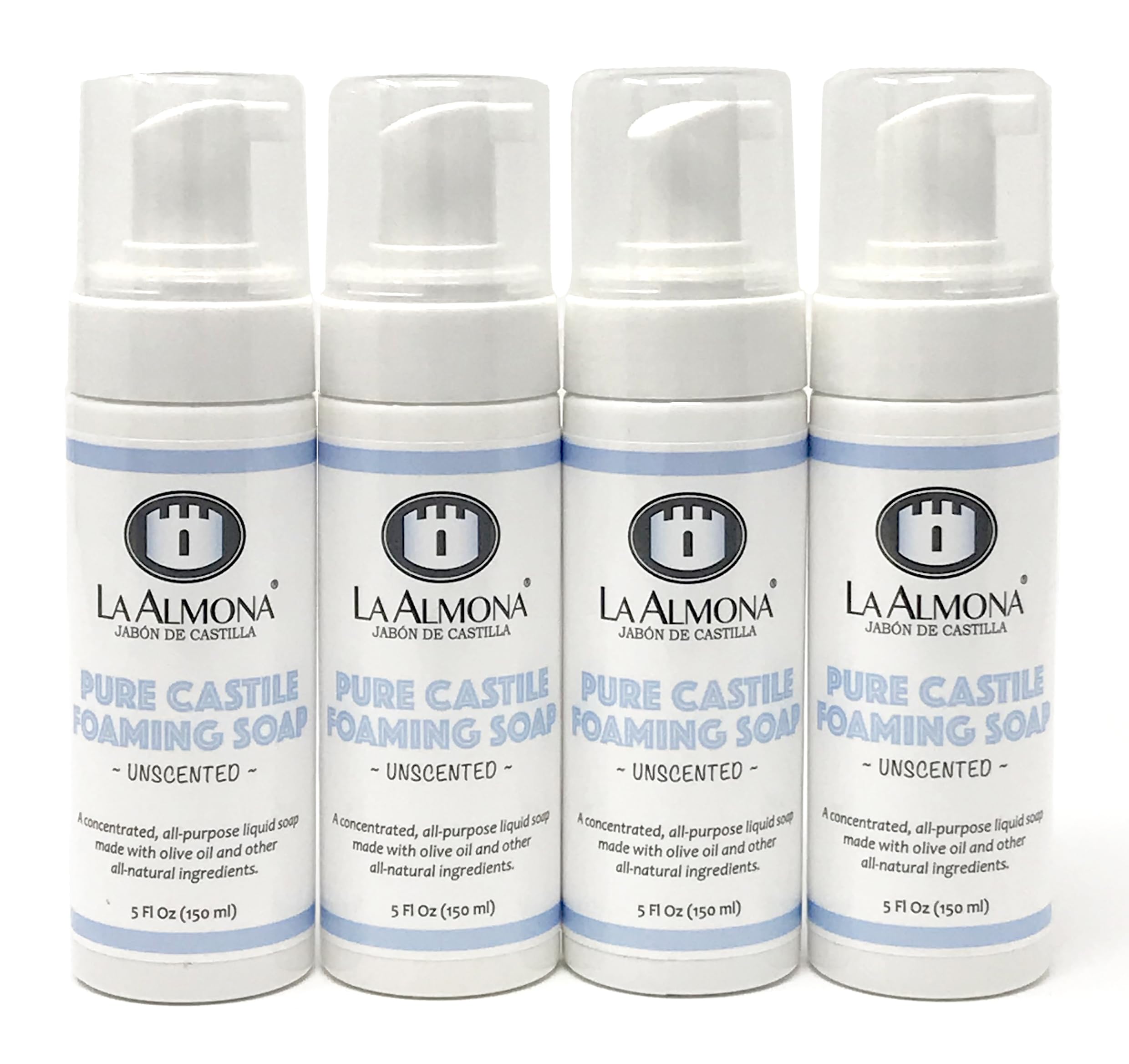 La Almona - Pure DMF15 Castile Liquid Soap, UNSCENTED, 5 Fl Oz - Pack of 4 Foaming Bottles ...
