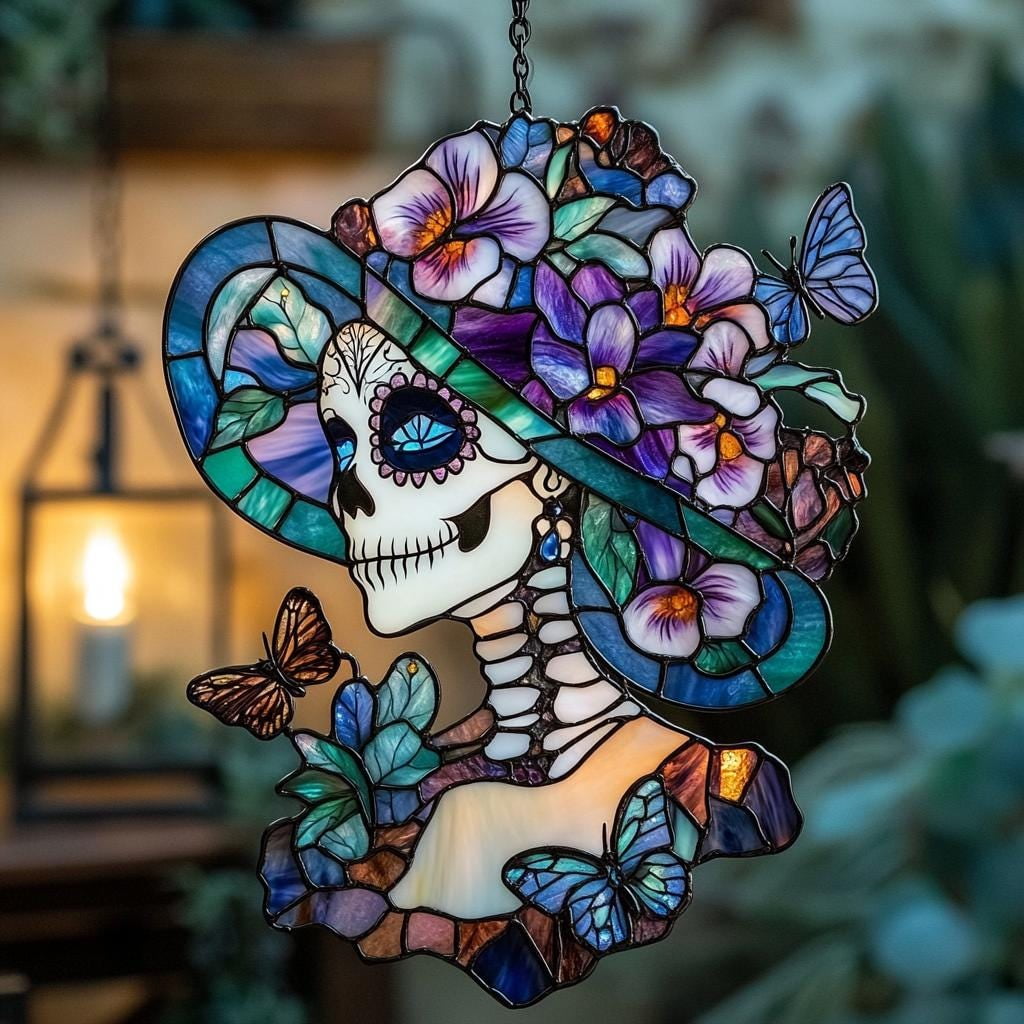 La Catrina Butterfly Acrylic Suncatcher, Faux Stained Glass Window ...