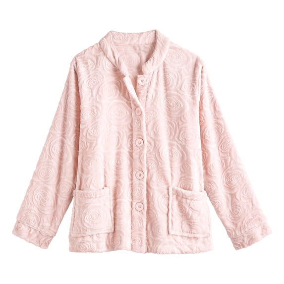 La Cera Women's 100% Polyester Fleece Bed Jacket 8823, Pink Roses Print ...