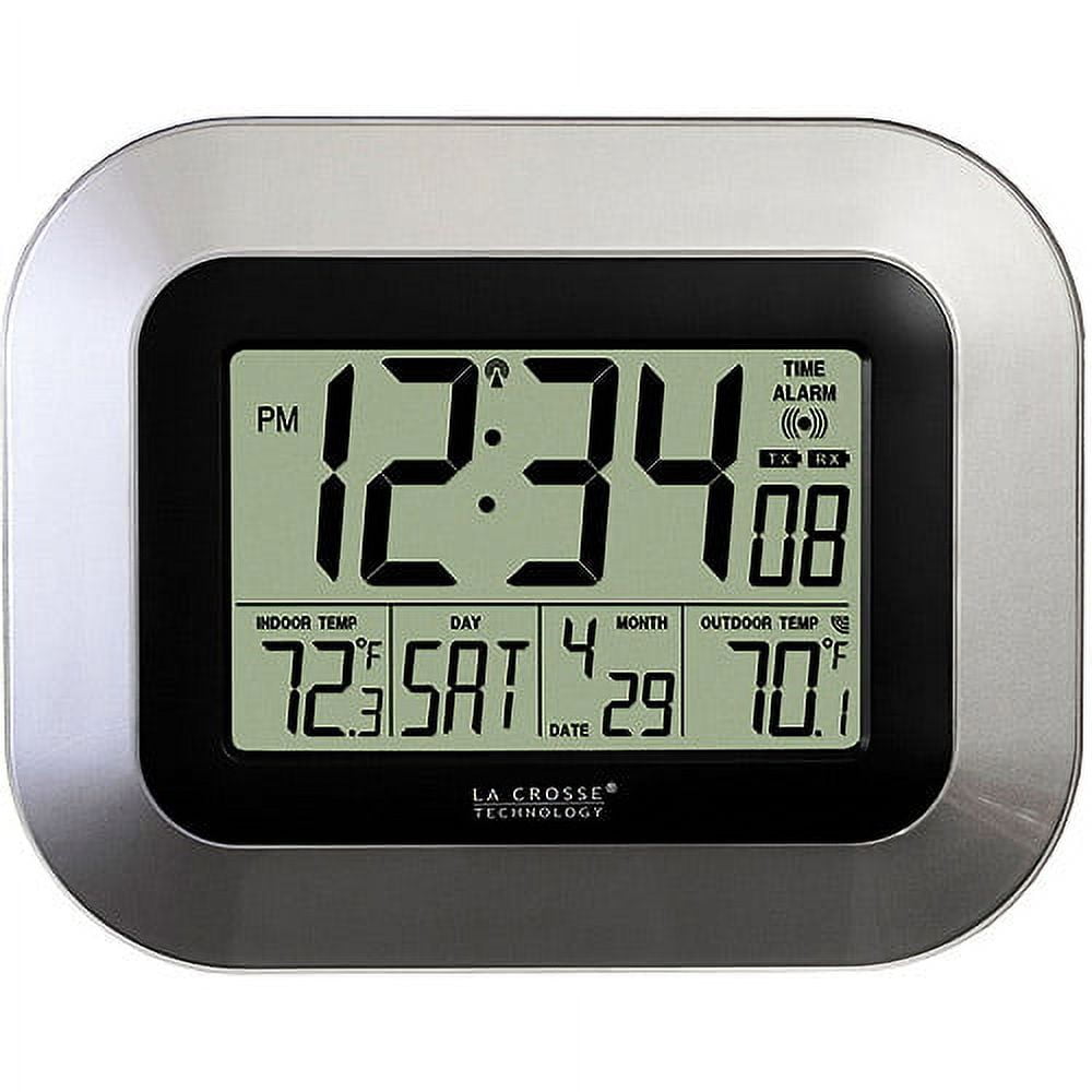 La Crosse Technology Digital Atomic Wall Clock with Temperature, Silver ...