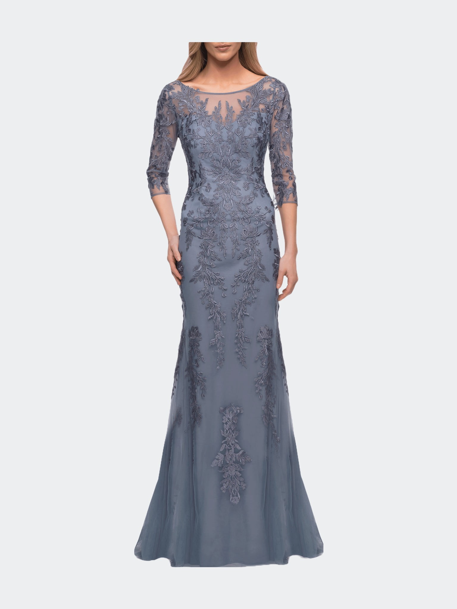 La Femme SLATE Women's Tulle Gown with Lace Applique and Illusion Top ...