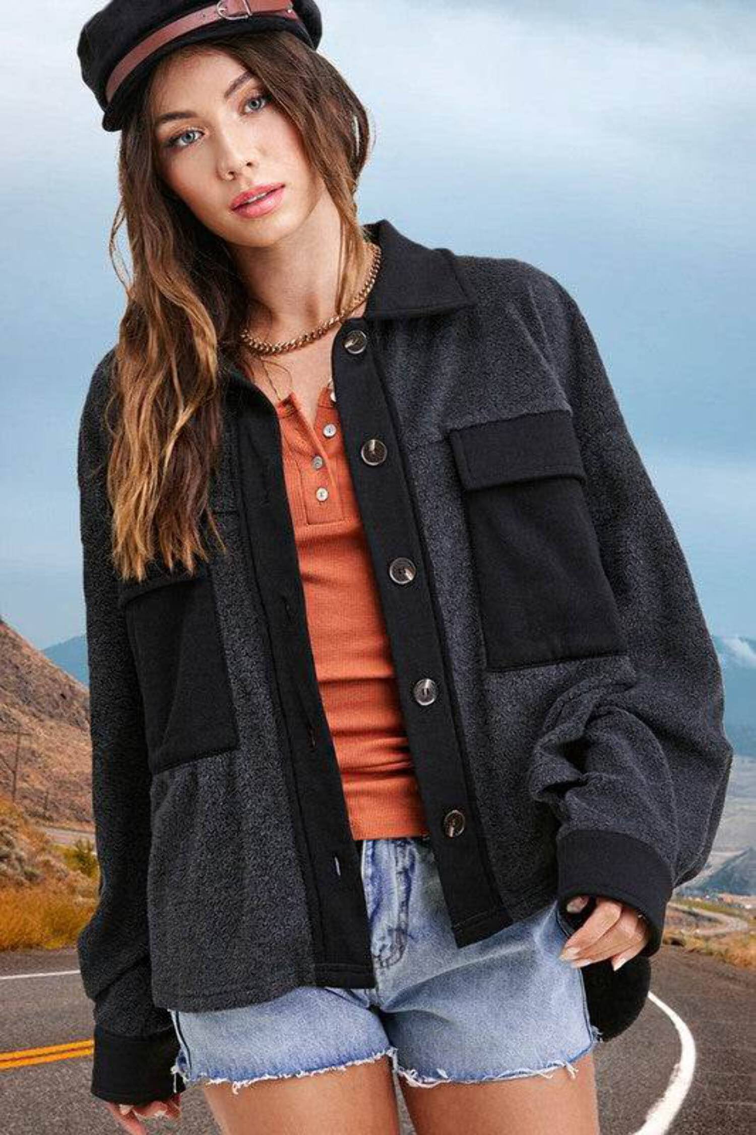 La Miel Matilda Button Up Front Collard Neck Long Sleeves Jacket ...