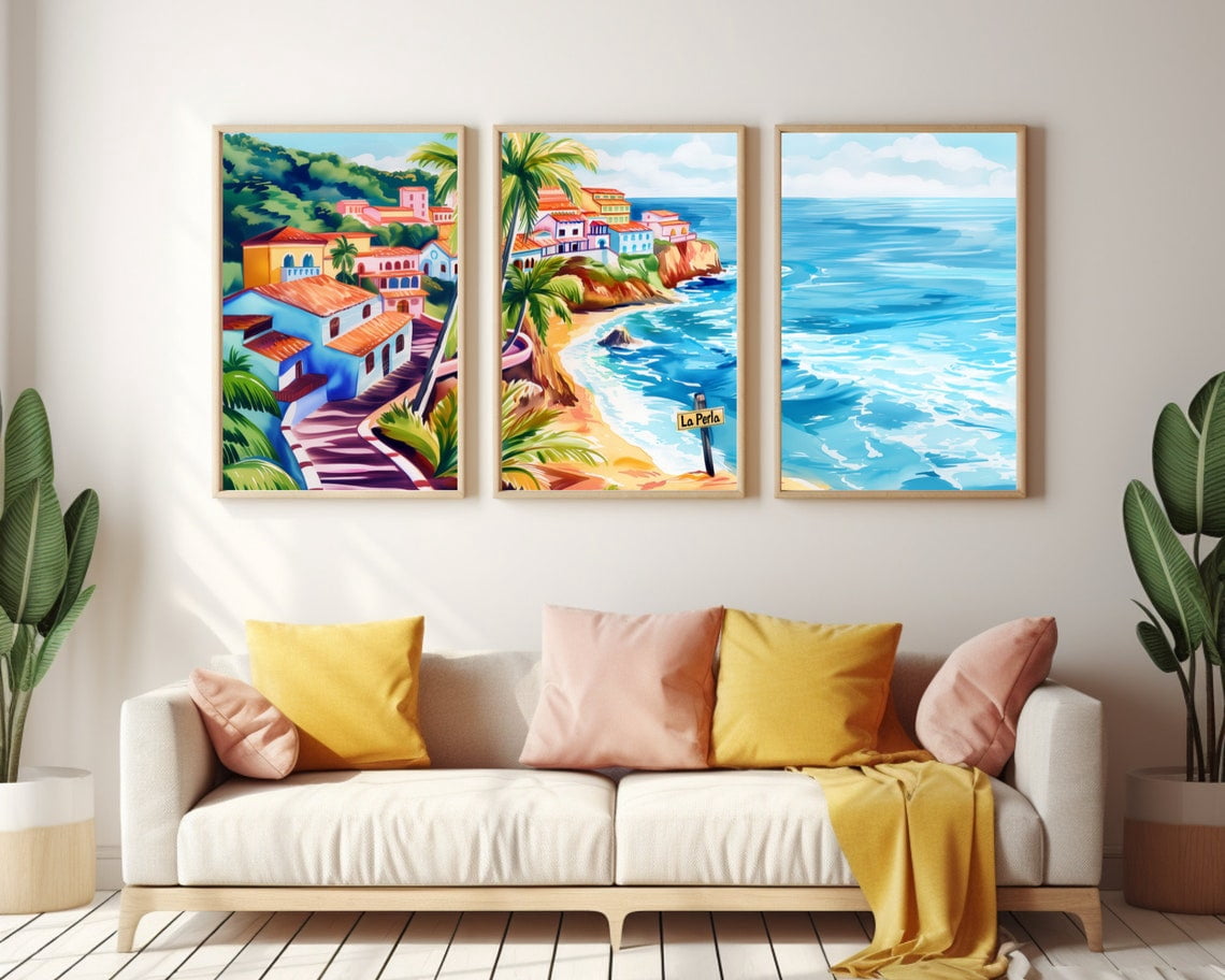 La Perla Caribbean Coastal Wall Art Colorful Houses Artwork Tropical ...