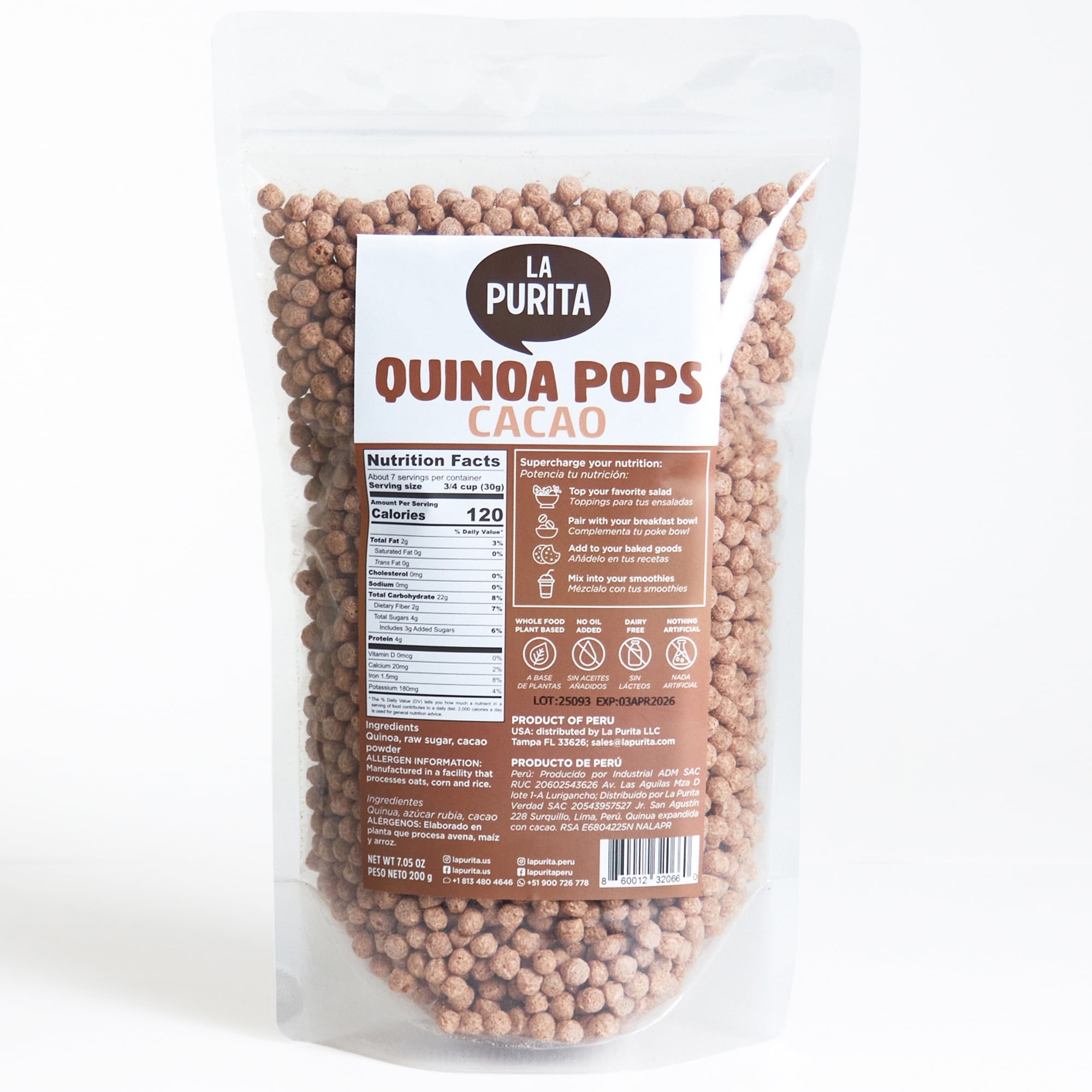 La Purita Cacao Quinoa Pops – Puffed Quinua Cereal, Gluten-Free, Vegan ...