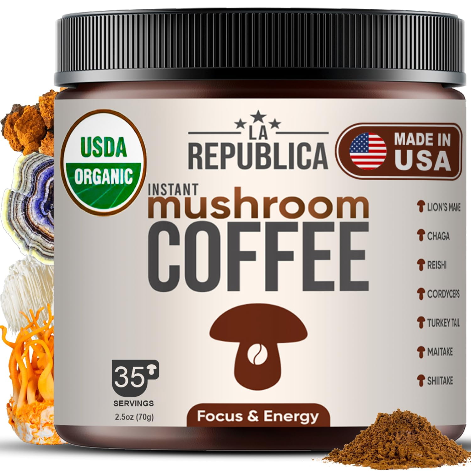 La Republica Organic Mushroom Coffee Instant (35 Servings) made with Full-Fruiting Bodies & No ...