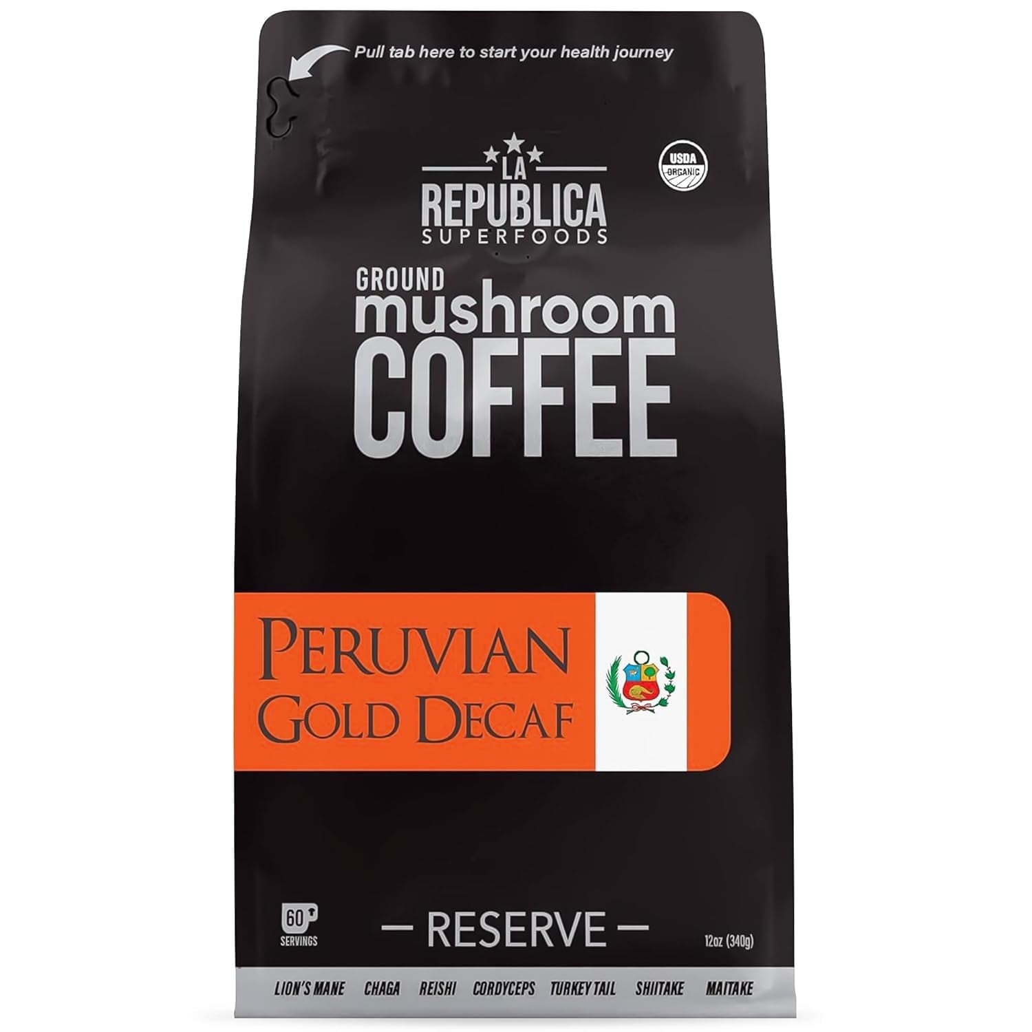 La Republica Peruvian Gold Decaf Mushroom Coffee, Medium Roast Ground with Lion's Mane, Reishi ...