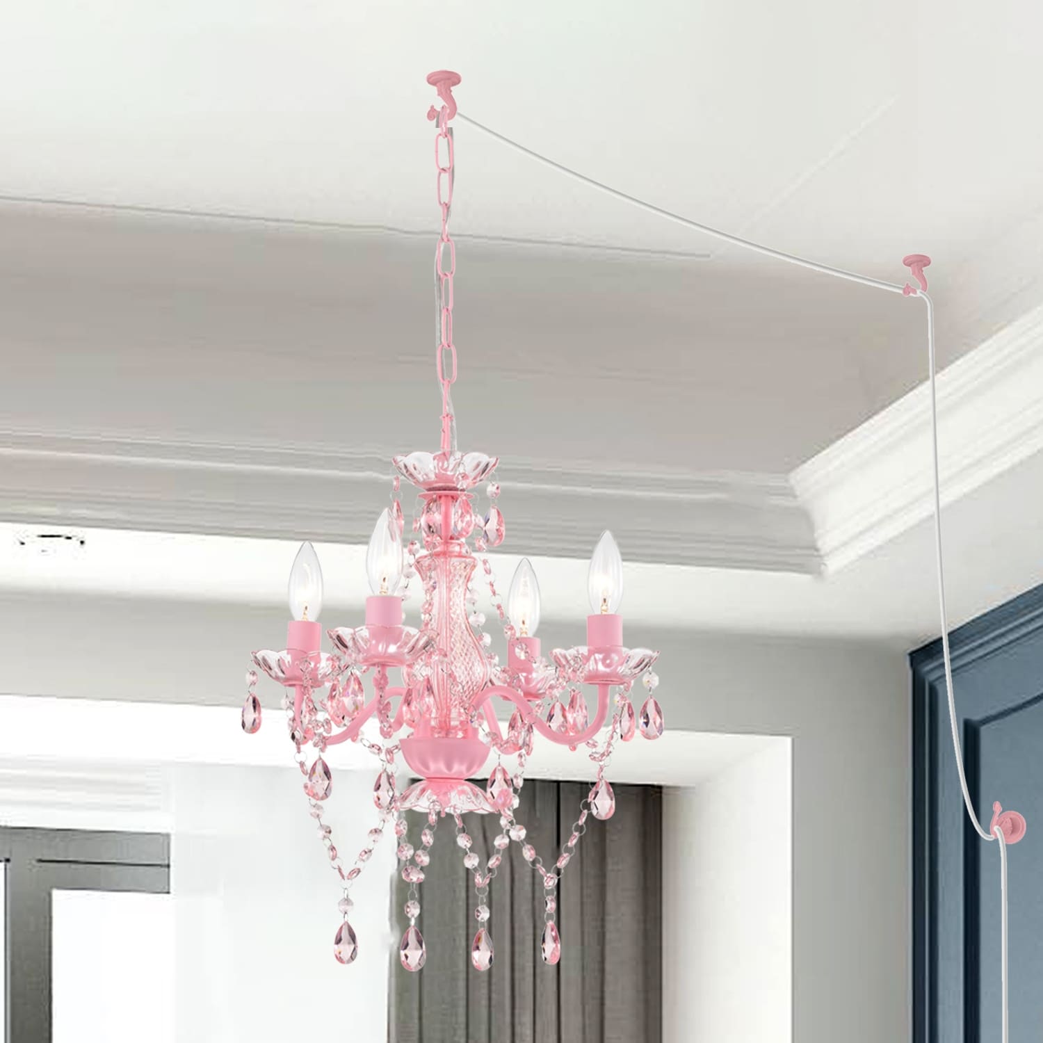 LaLuLa Plug In Pink Chandelier Small Acrylic Crystals Hanging Lamp 4 ...