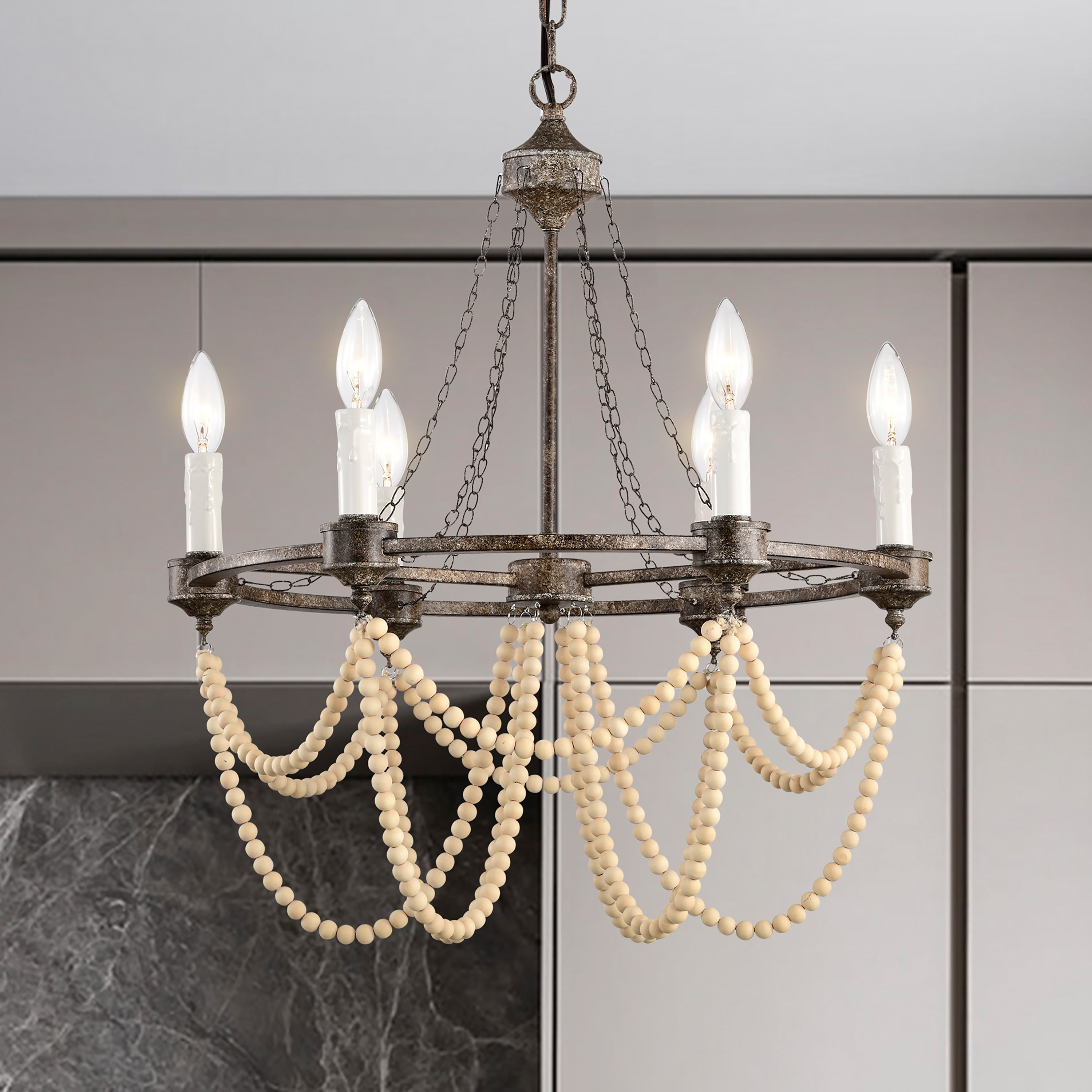 LaLuLa Wagon Wheel Chandelier Bronze Wood Beaded Chandeliers 6-Light ...
