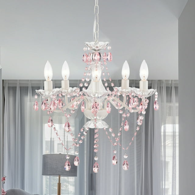 LaLuLa White 5-Light Crystal Chandelier, Pink Accent for Girls Room ...