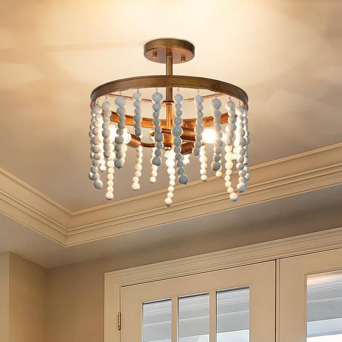 LaLuz Boho Glam 3-Light Wood Beads Semi-flush Mount Ceiling Light ...