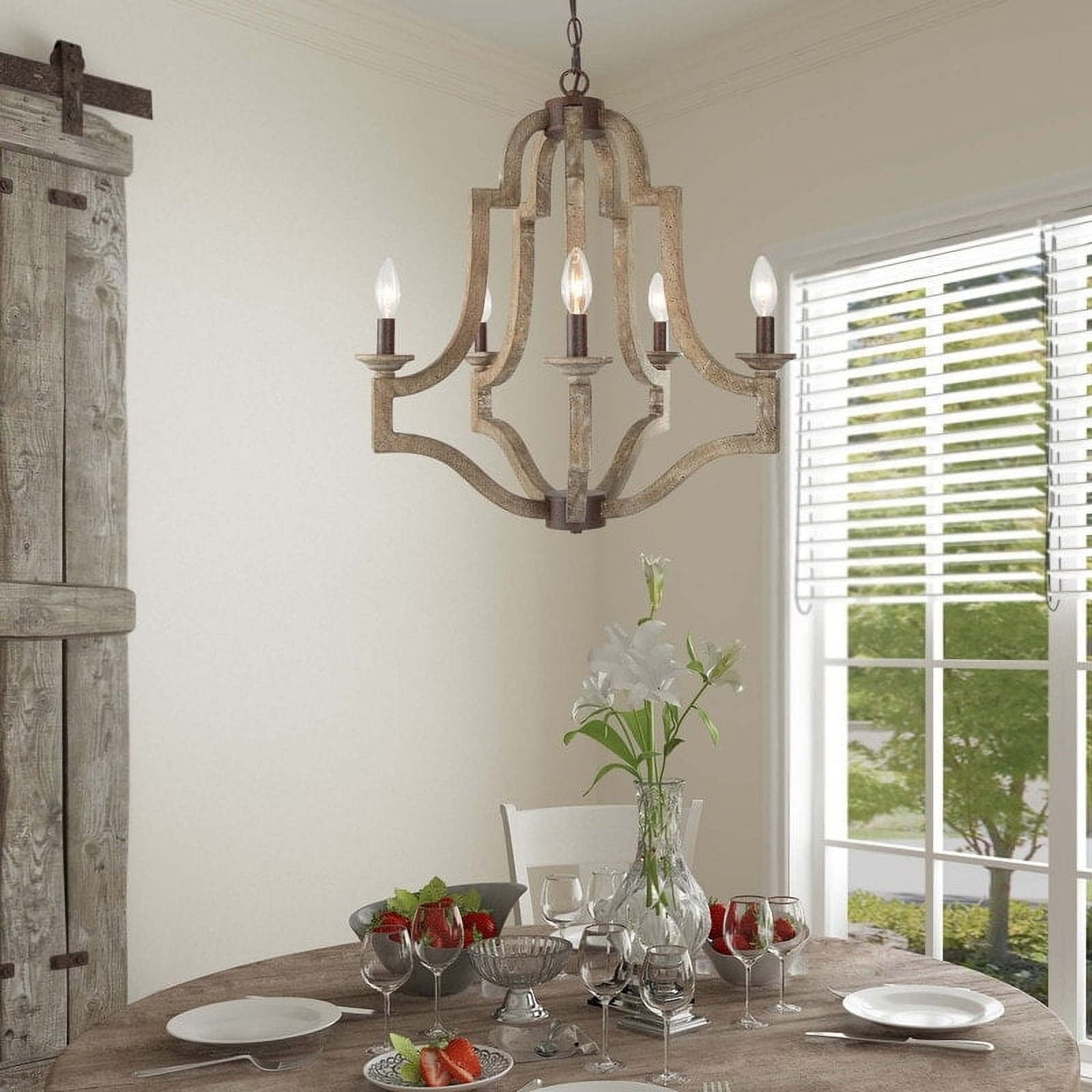 LaLuz Gula Modern Farmhouse 5-Light Distressed Wood Candle Chandelier Wheel Lantern Hanging ...
