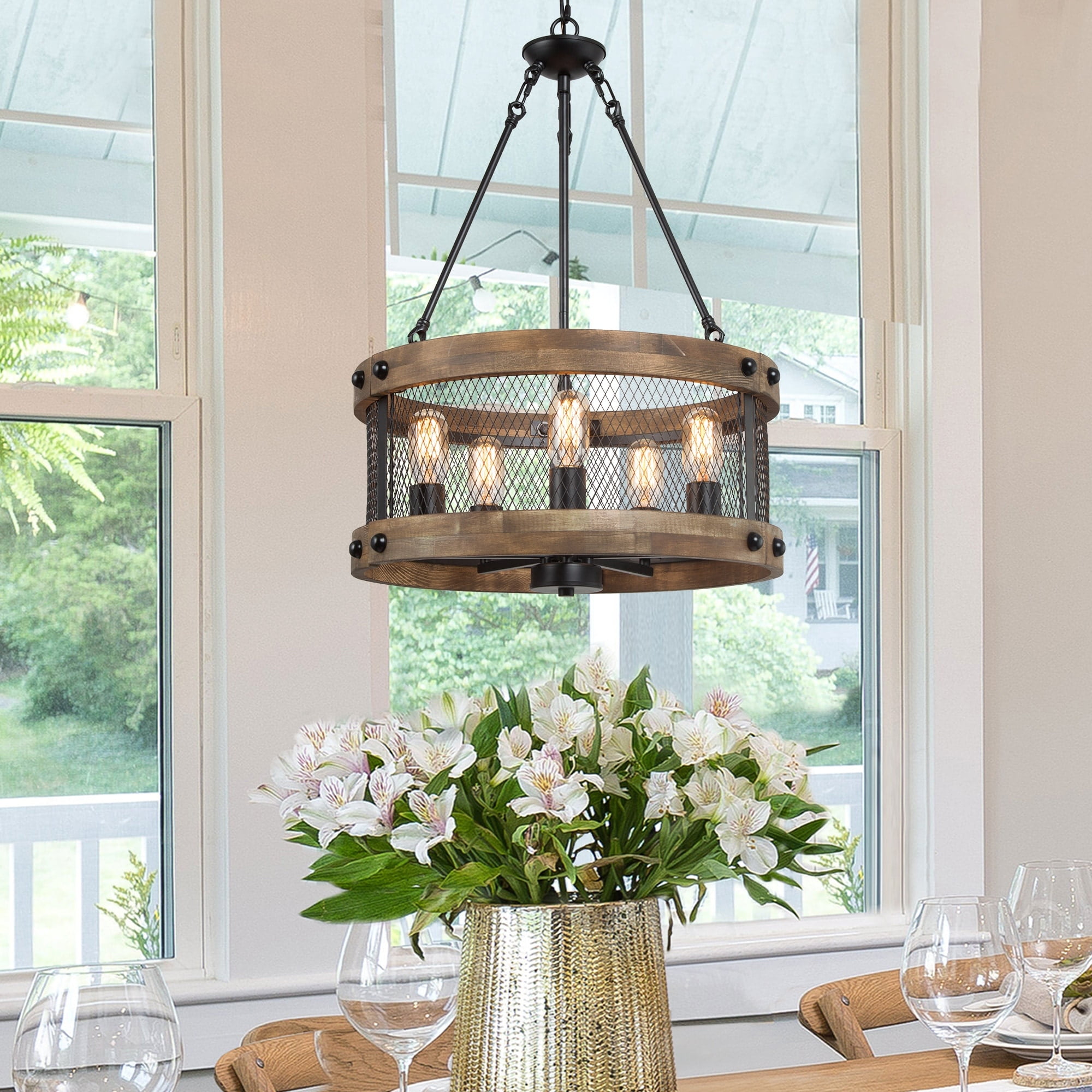 LaLuz Modern Farmhouse 5-Light Wood Drum Chandelier for Dining Room ... LaLuz Modern Farmhouse 5-Light Wood Drum Chandelier for Dining Room ...