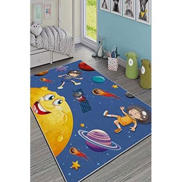 LaModaHome Area Rug Non-Slip - Navy blue Planet child astronaut Soft ...