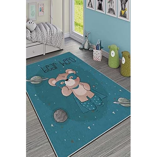 LaModaHome Area Rug Non-Slip - Blue Teddy bear and planet Soft Machine ...