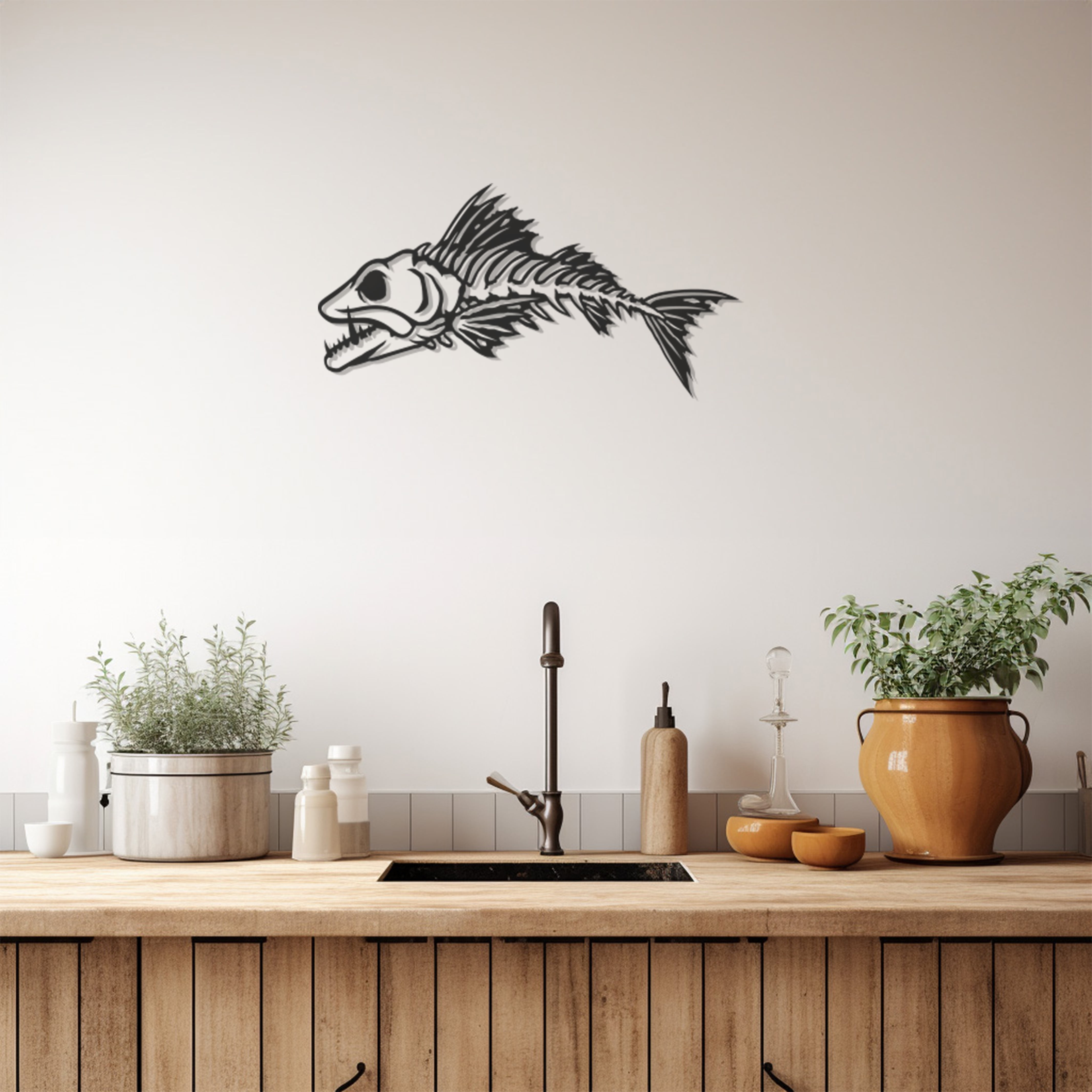 LaModaHome Exclusive Looking Angry,Fish Skeleton Icon Metal Wall Art ...