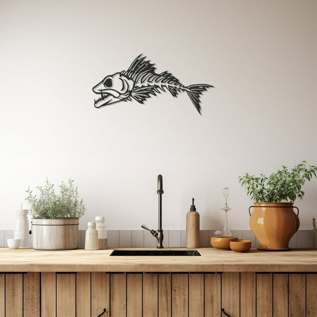 LaModaHome Exclusive Looking Angry,Fish Skeleton Icon Metal Wall Art ...