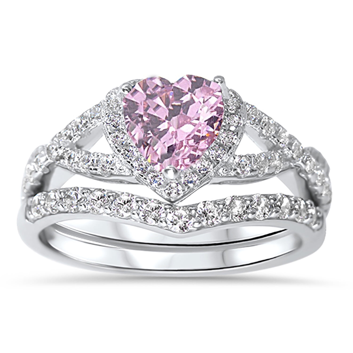 LaRaso & Co 1 Carat Simulated Pink Sapphire Heart Wedding Ring Set 14K ...