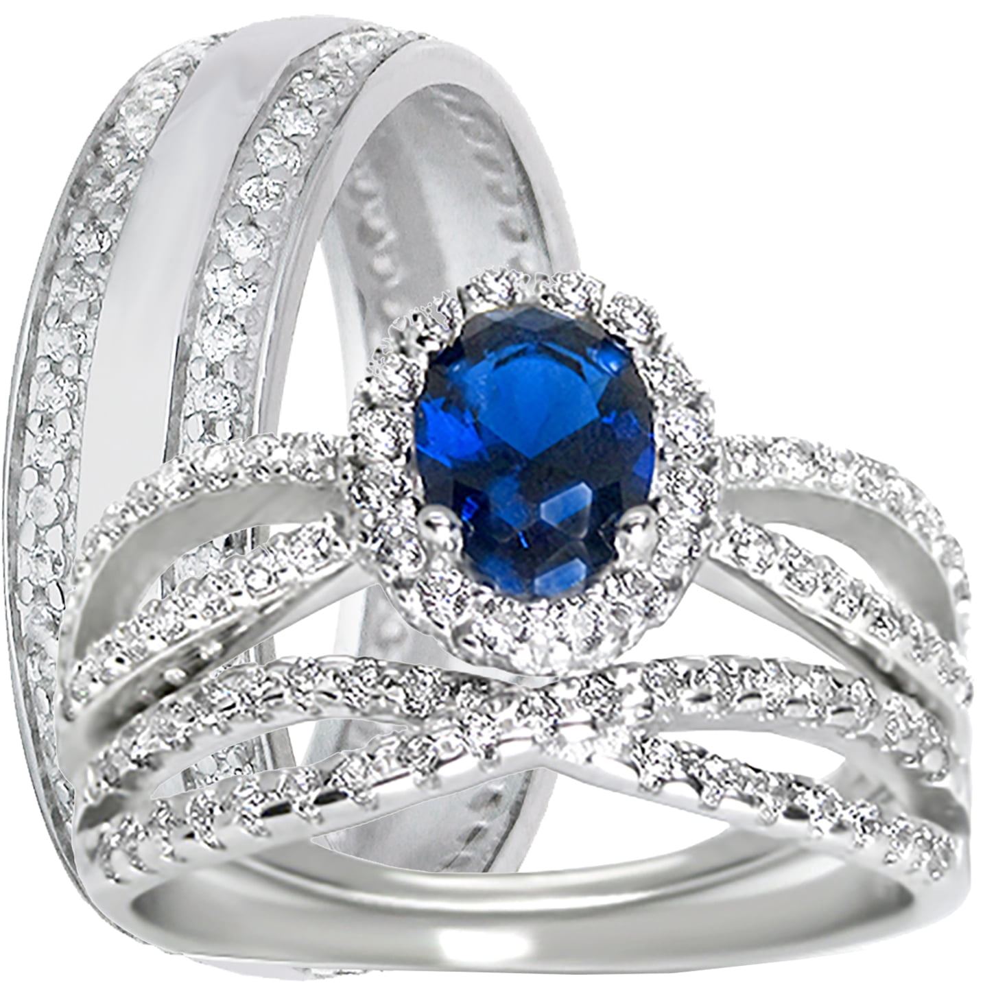 LaRaso & Co His Her Wedding Ring Set Blue Sapphire CZ TRIO Couples ...