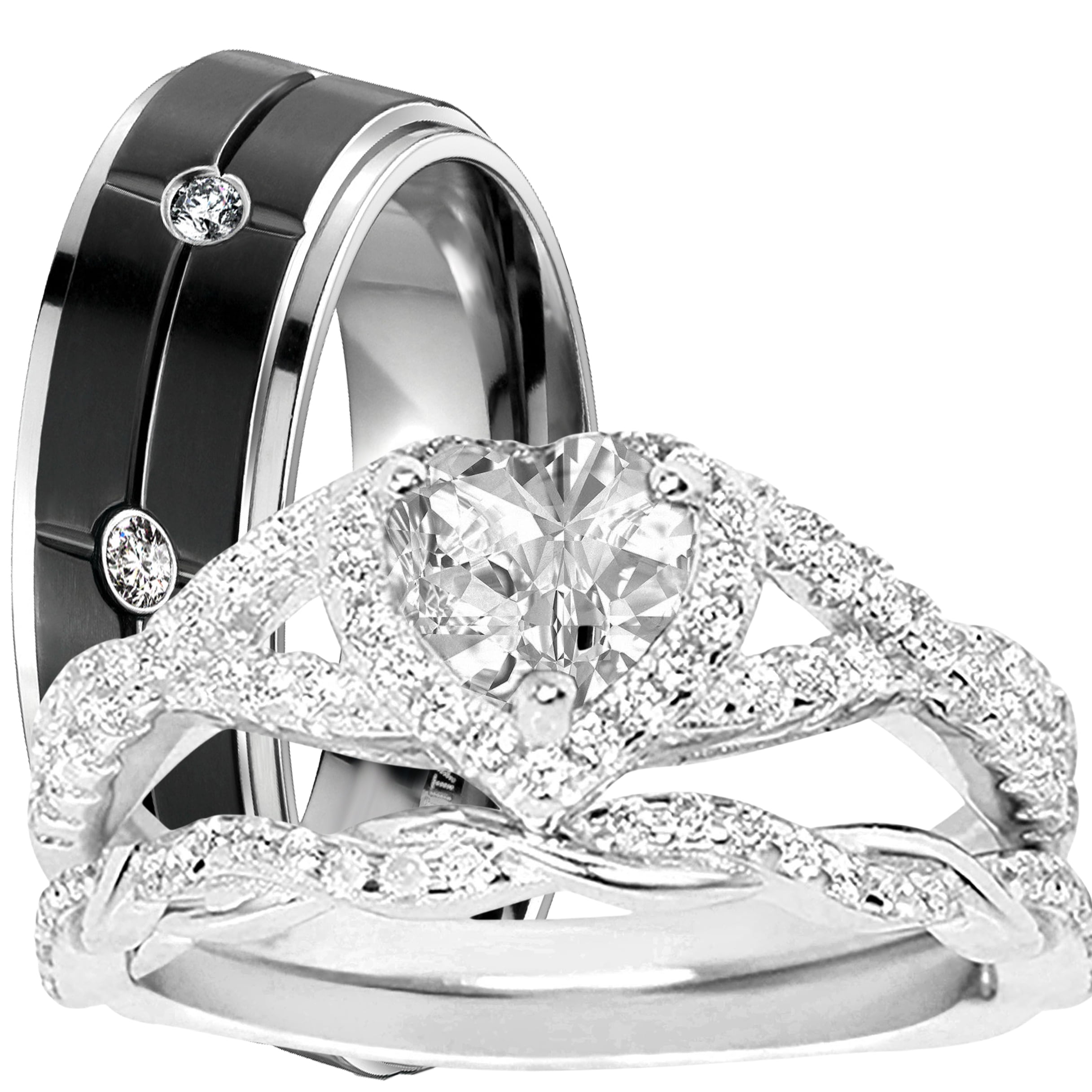 LaRaso Co His Her CZ Wedding Ring Set 3 Piece TRIO Silver Black ...