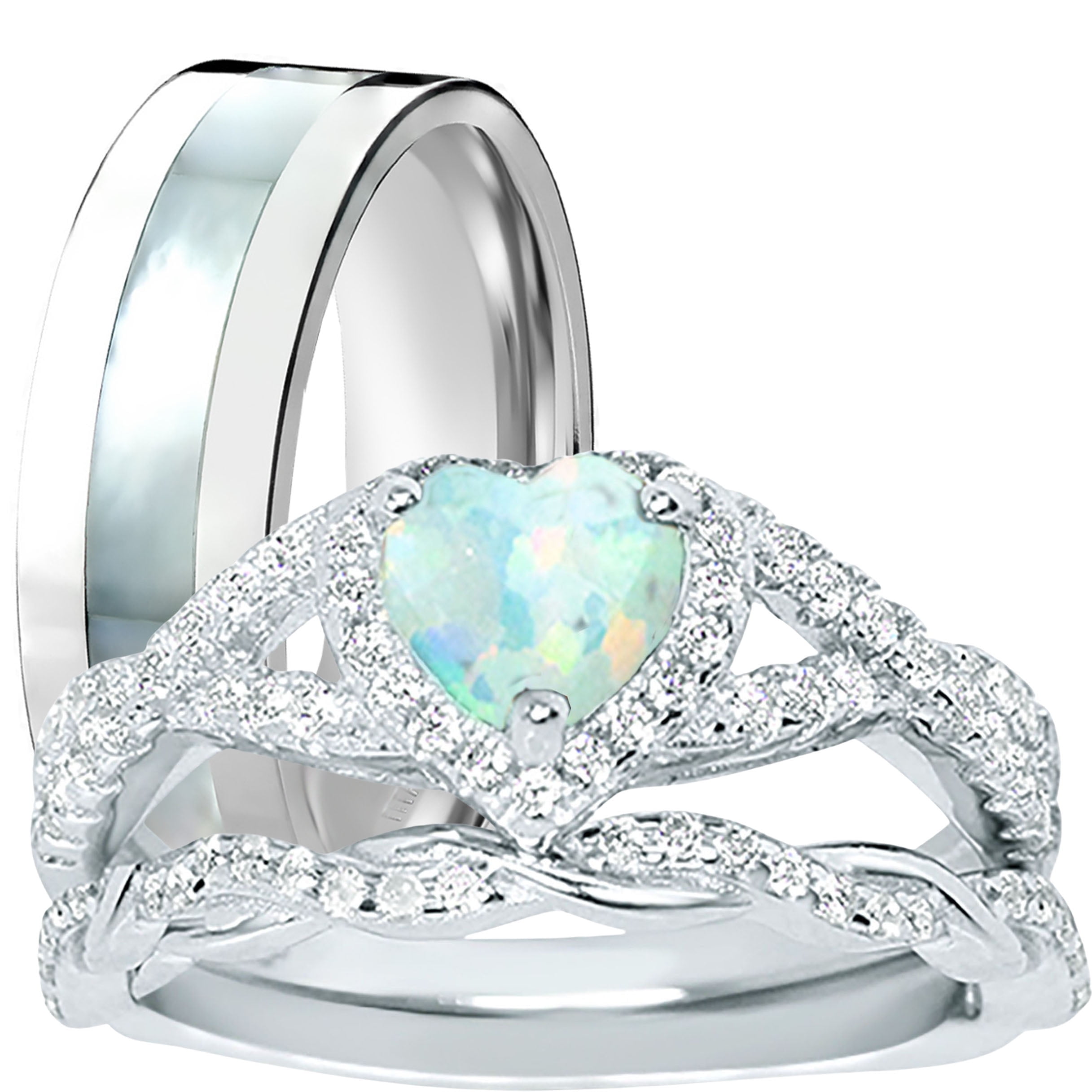 LaRaso Co His Her Opal Wedding Ring Set 3 Piece TRIO Silver Titanium ...