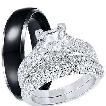 LaRaso Co His Her Wedding Ring Set 3 Piece TRIO Silver Titanium Couples ...