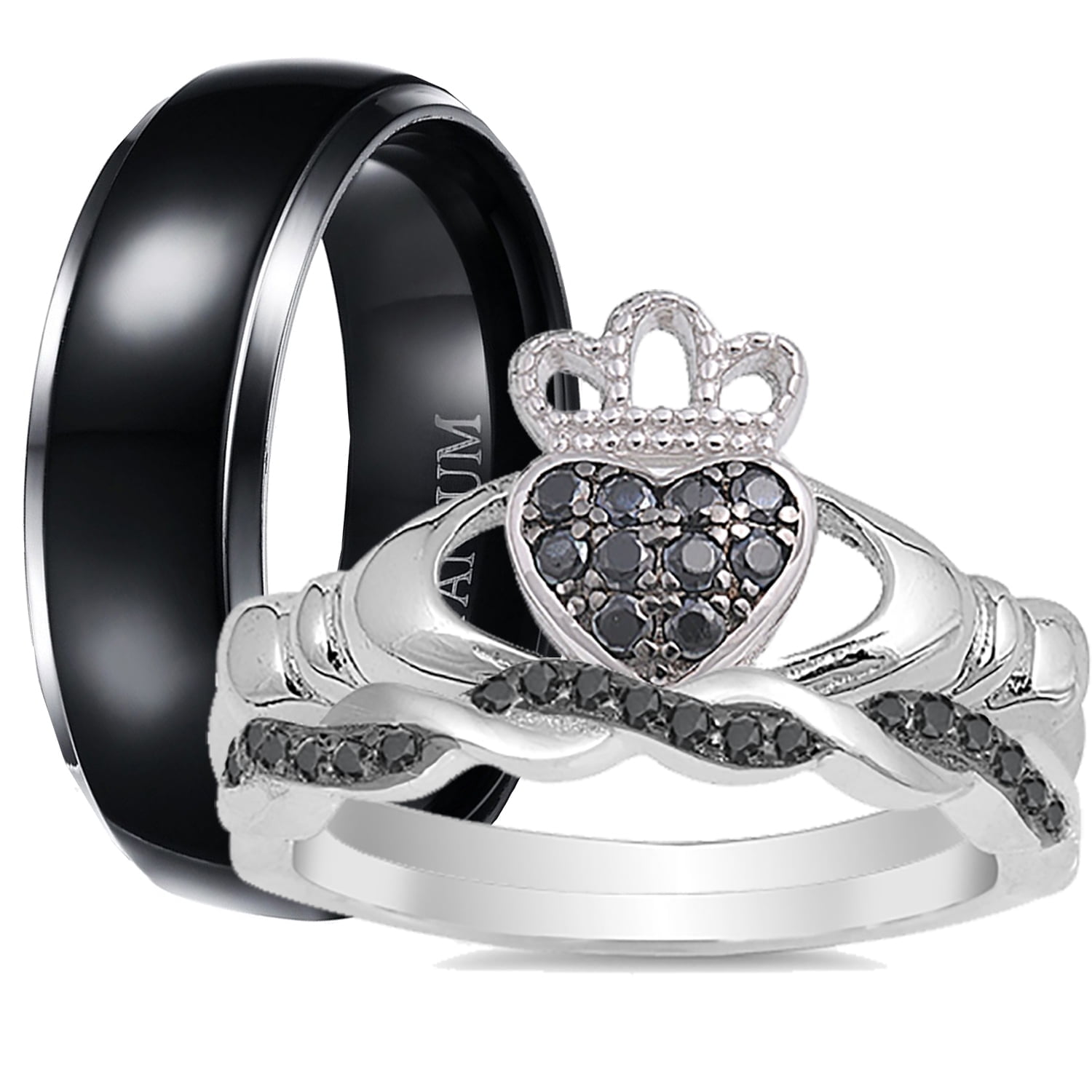 LaRaso & Co His Her TRIO Black Wedding Ring Set Couples Rings Bands Men ...