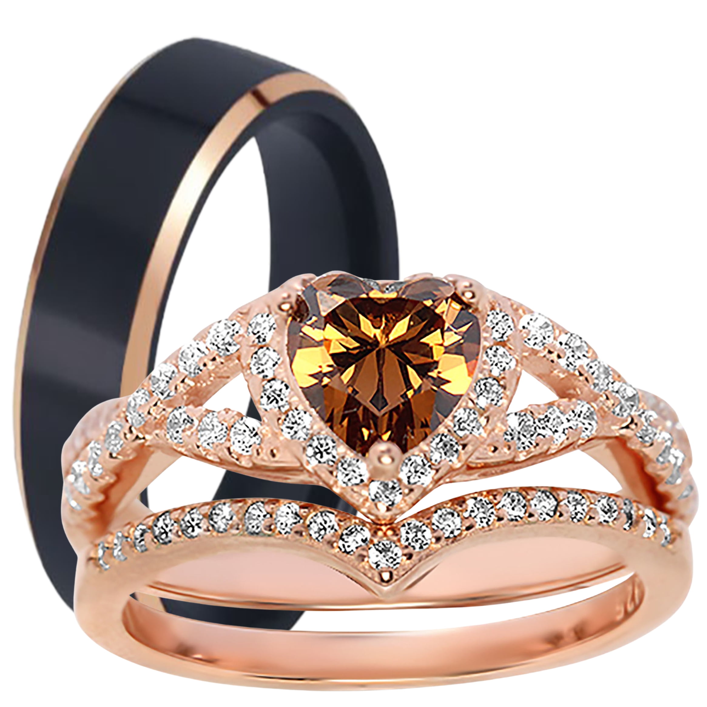 LaRaso Co His Her Wedding Ring Set 3 Piece TRIO Silver Black Ceramic ...