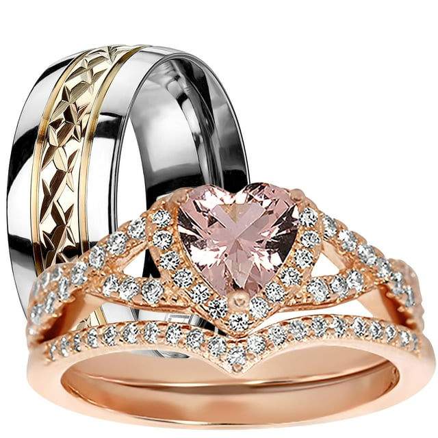 LaRaso Co His Her Wedding Ring Set 3 Piece TRIO Silver Titanium Couples ...