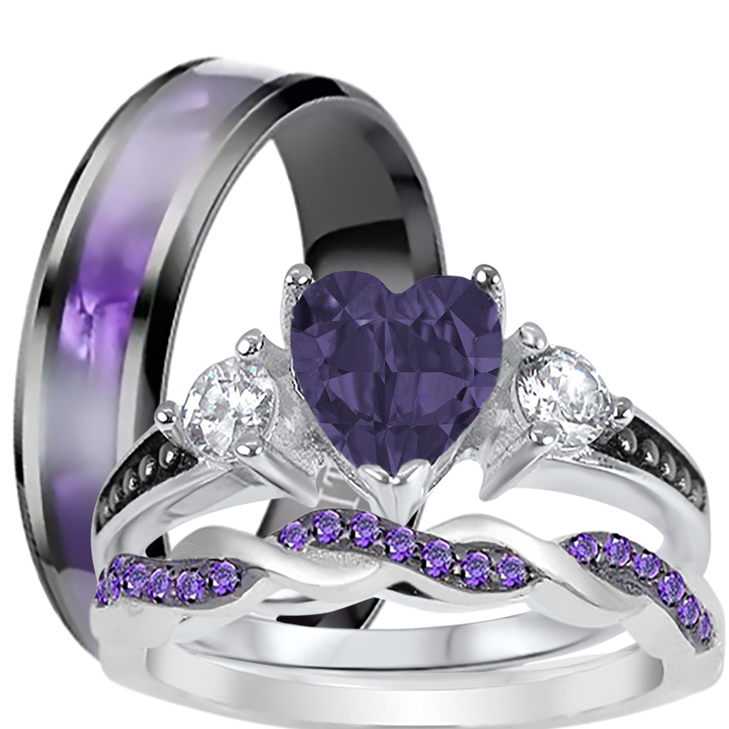 LaRaso Co His Her Wedding Ring Set 3 Piece TRIO Silver Titanium Couples ...