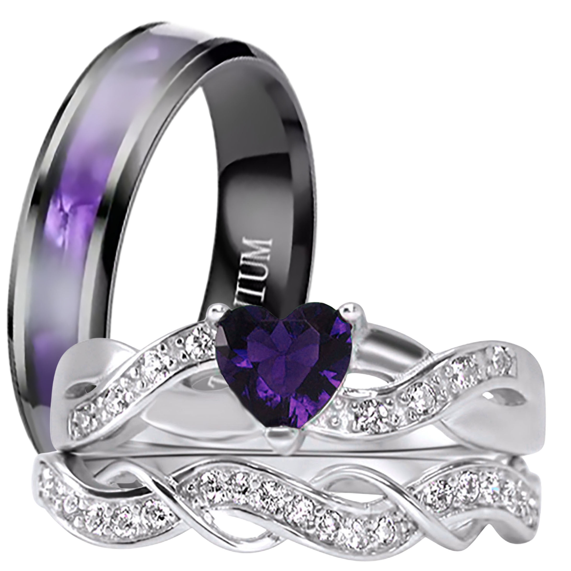 LaRaso Co His Her Wedding Ring Set 3 Piece TRIO Silver Titanium Couples ...