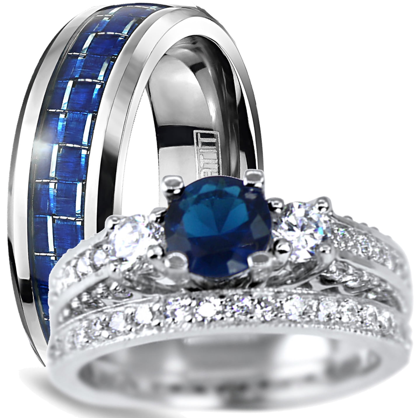 LaRaso & Co His & Her Wedding Rings Set Blue Sapphire Engagement Ring ...