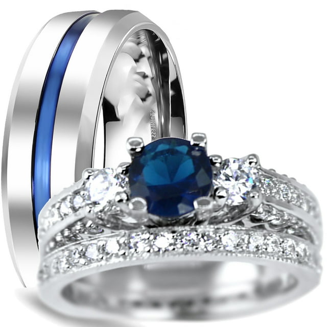 LaRaso & Co His & Her Wedding Rings Set Blue Sapphire Engagement Ring ...