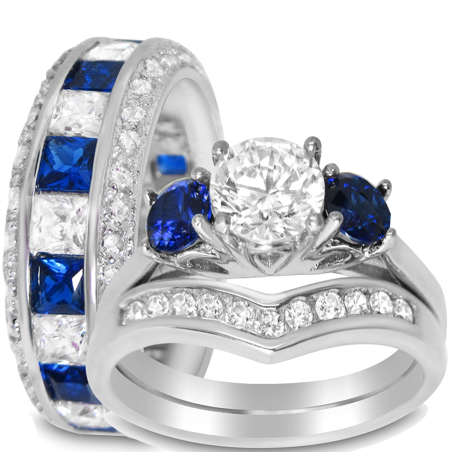 LaRaso & Co His Hers Wedding Ring Set Blue Sapphire CZ Silver TRIO ...