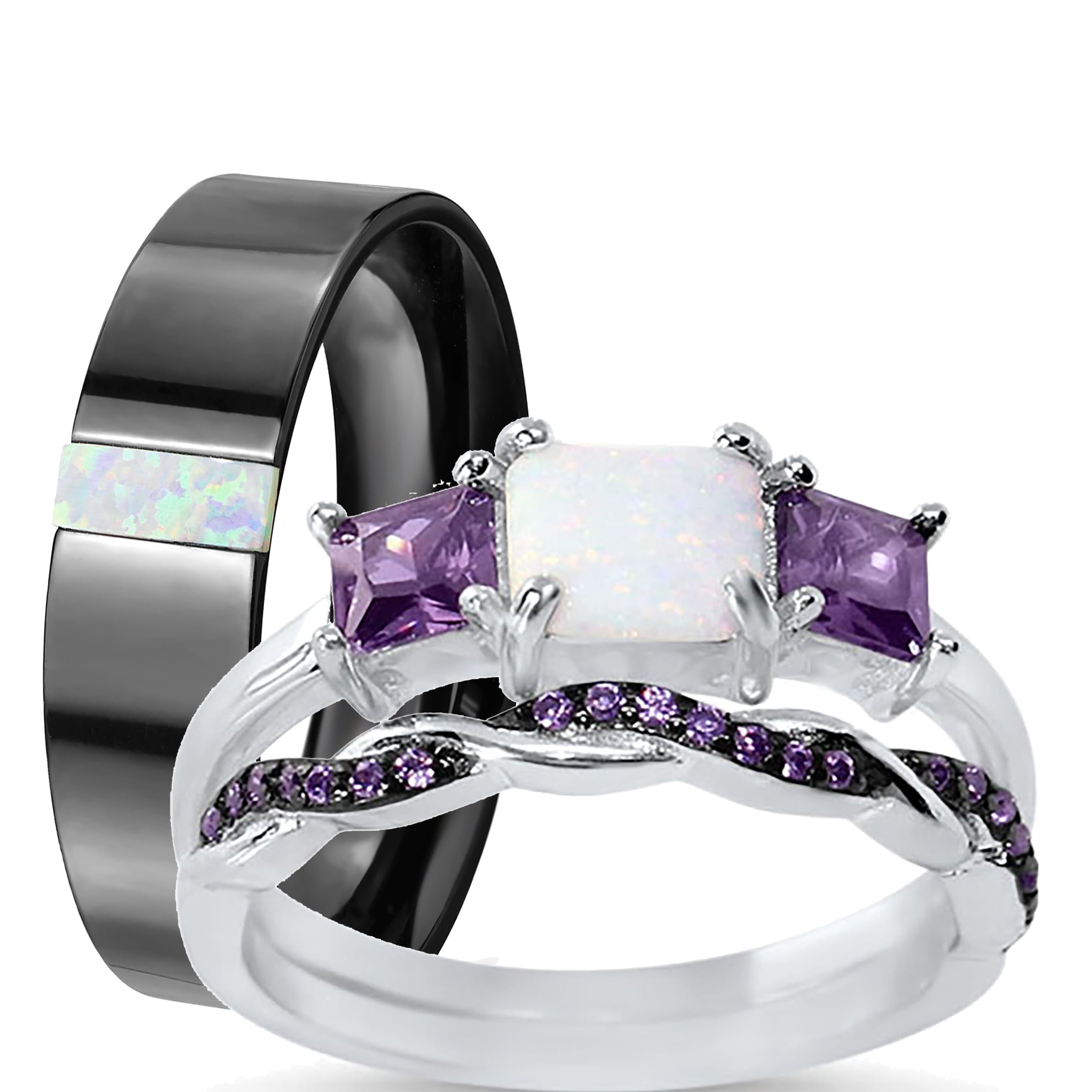 LaRaso & Co His Her Wedding Set 3 PCS TRIO Opal Sterling Silver Black ...