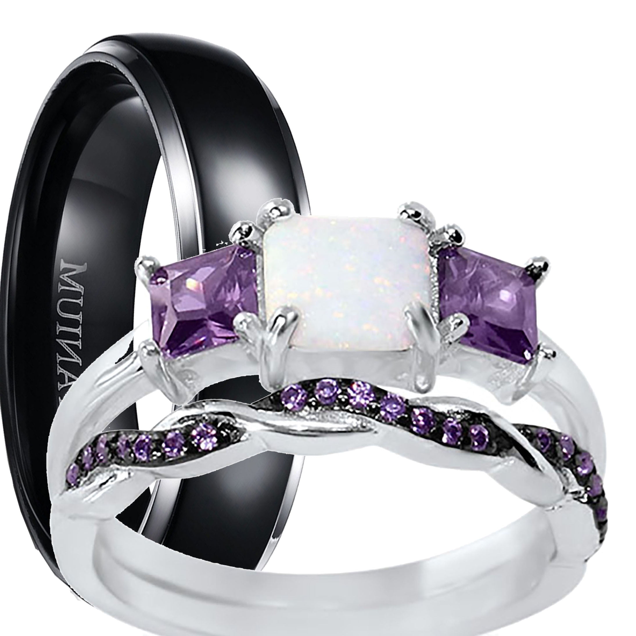 LaRaso & Co His Her Wedding Set 3 Piece Trio Opal Sterling Silver Black ...