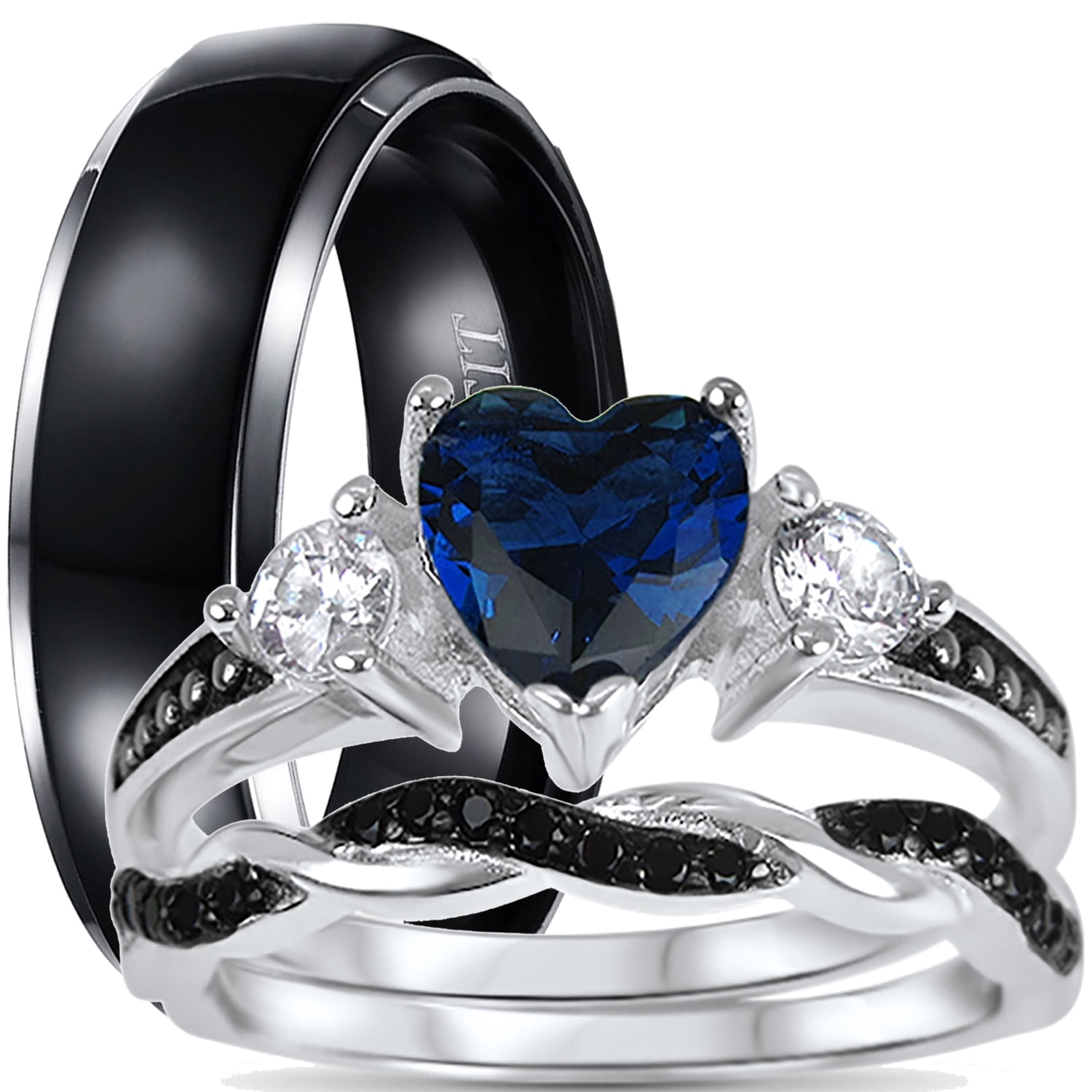LaRaso & Co His Hers 3 Piece Trio Sterling Silver Blue Black Wedding ...