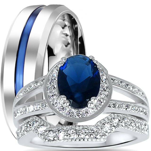LaRaso & Co His Hers Blue Wedding Set Matching Wedding Engagement Rings ...