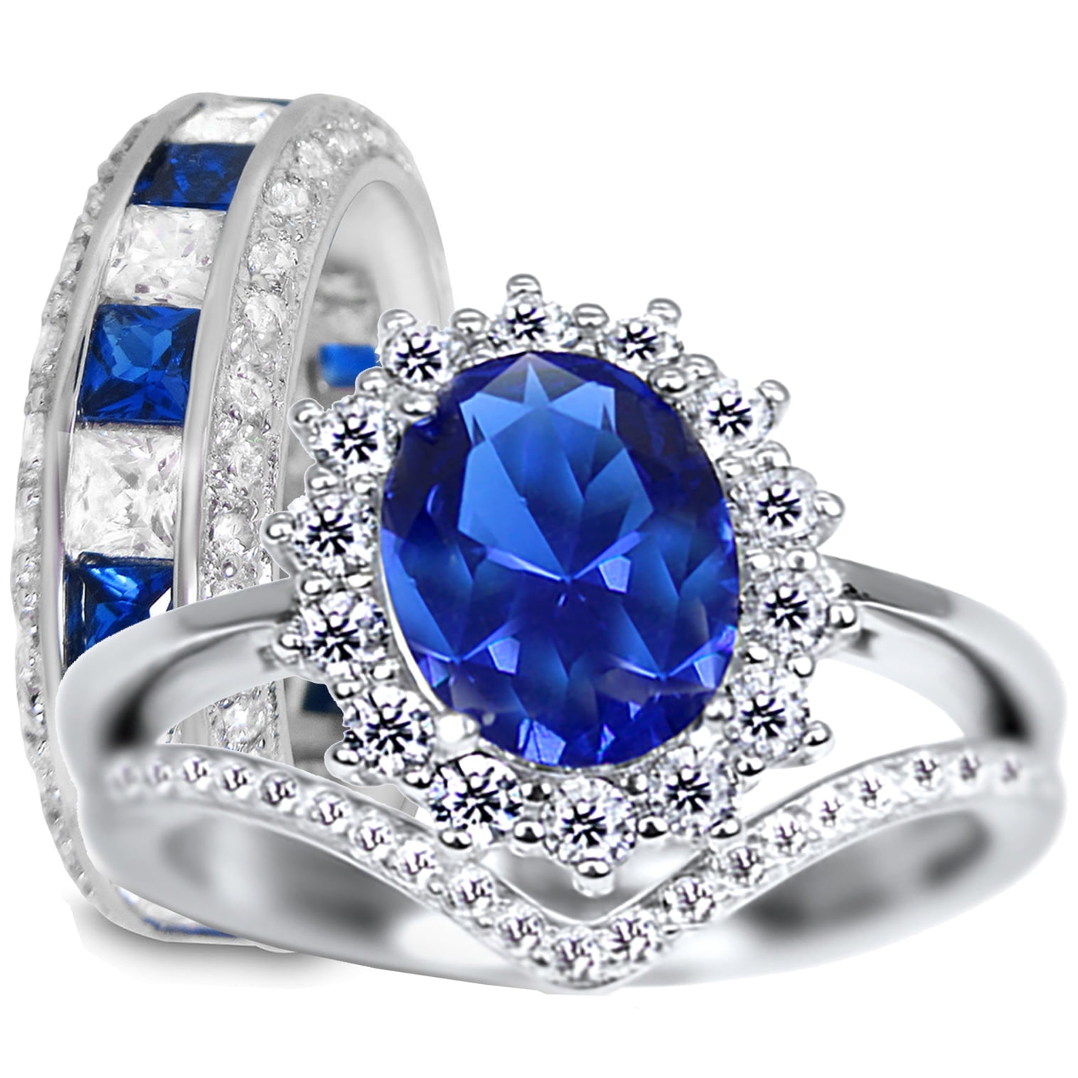 LaRaso & Co Bride Groom Trio Wedding Rings Set, Wide Silver Blue ...