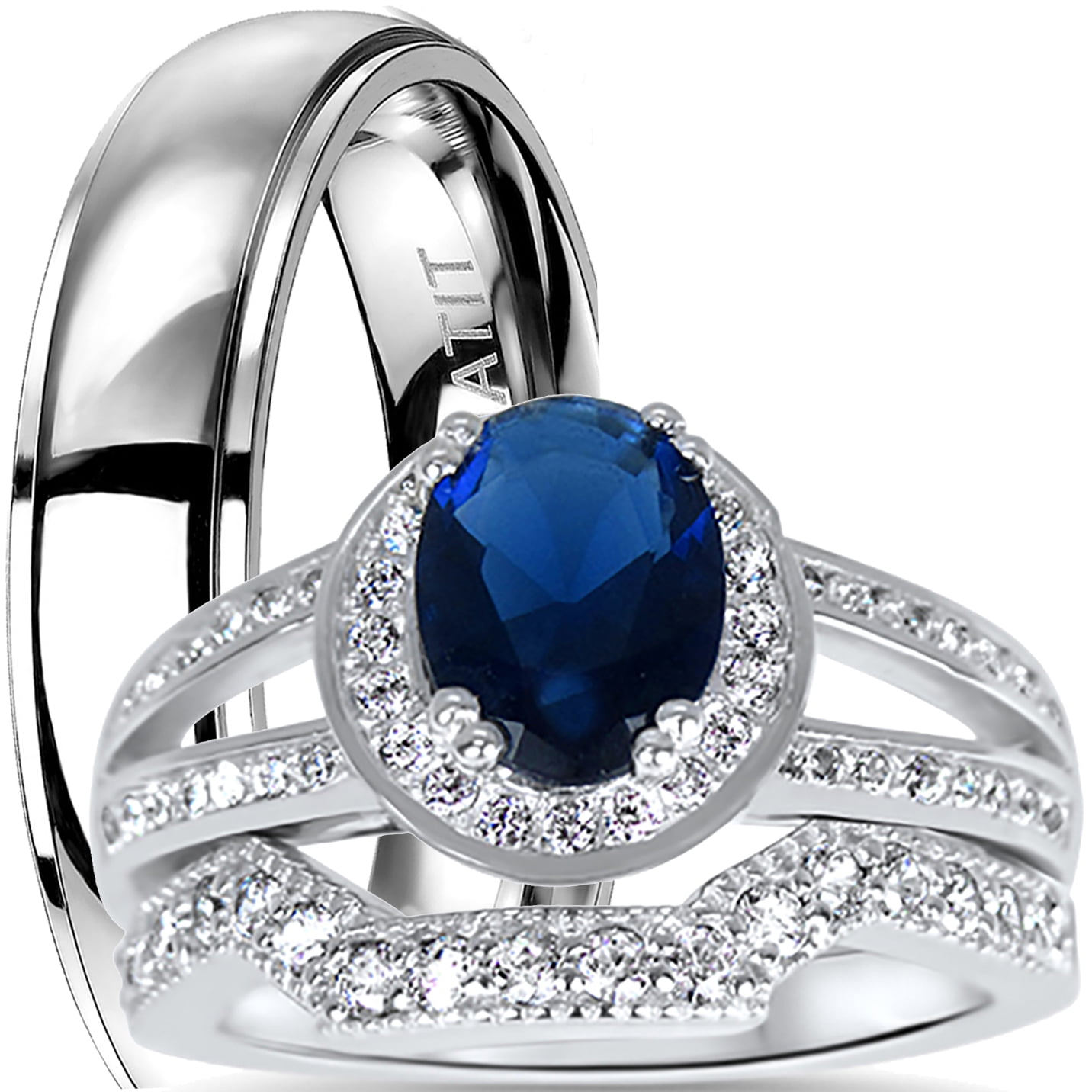 LaRaso & Co His Hers Trio Wedding Ring Set Blue Sapphire Engagement ...