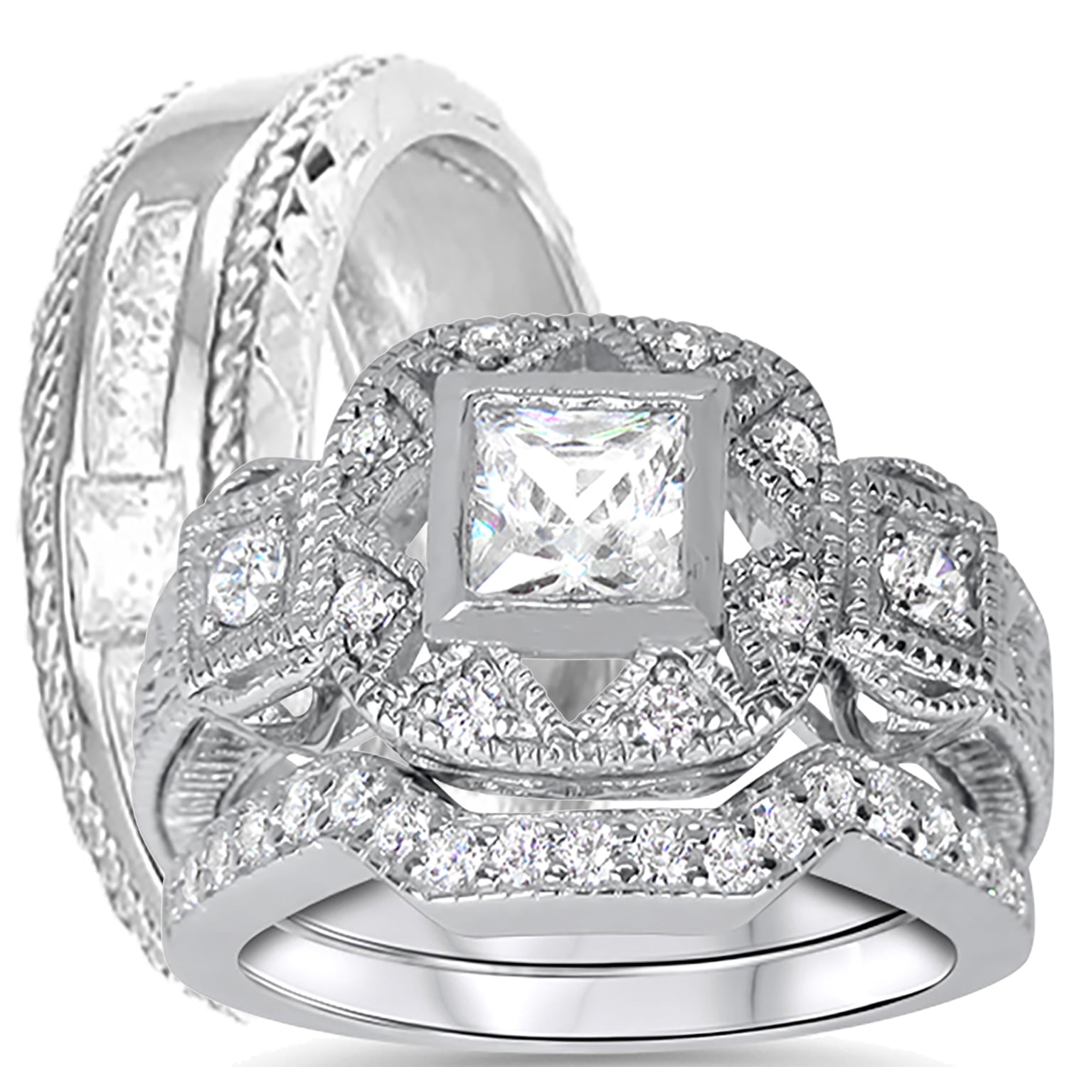 LaRaso & Co His Hers Trio Wedding Rings Set Silver Princess Cut CZ Band ...