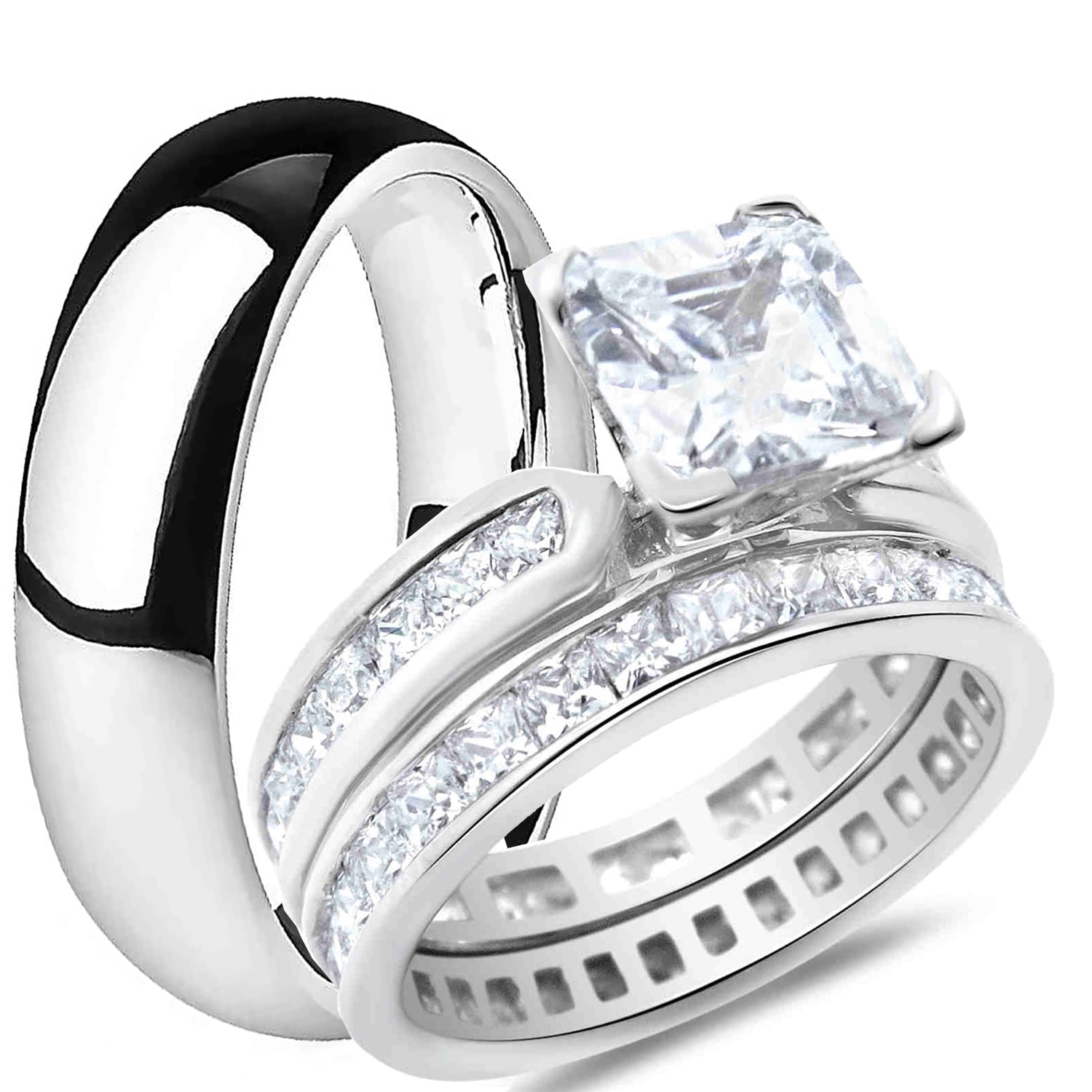 LaRaso & Co His Her Wedding Set TRIO Silver Titanium CZ Princess Cut ...