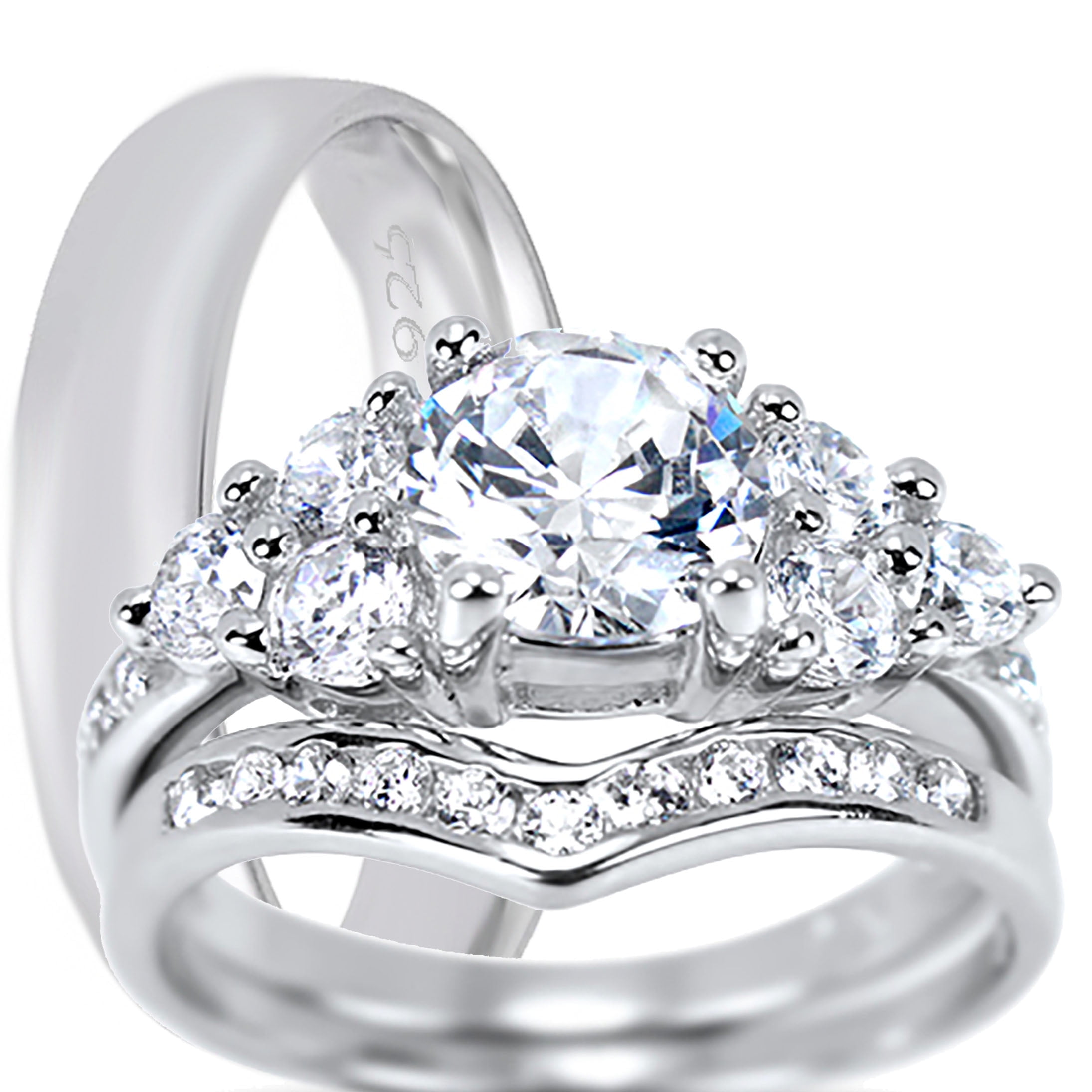 LaRaso & Co Sterling Silver Trio Wedding Ring Set for Bride & Groom ...