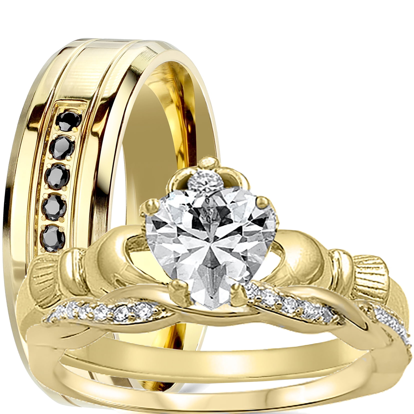 LaRaso & Co Trio His Her Wedding Ring Set 14K Gold Plated Silver Womens ...